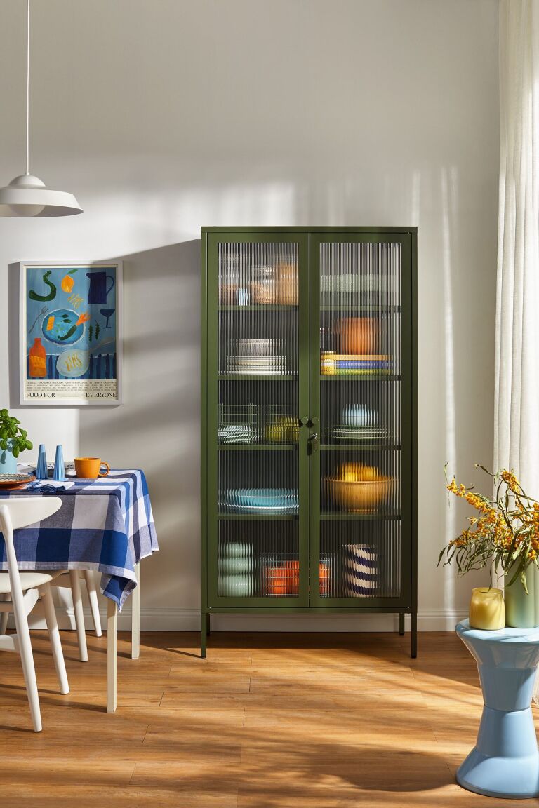 Colorful Glass-Fronted Metal Cabinets and Display Ledges by Mustard Made