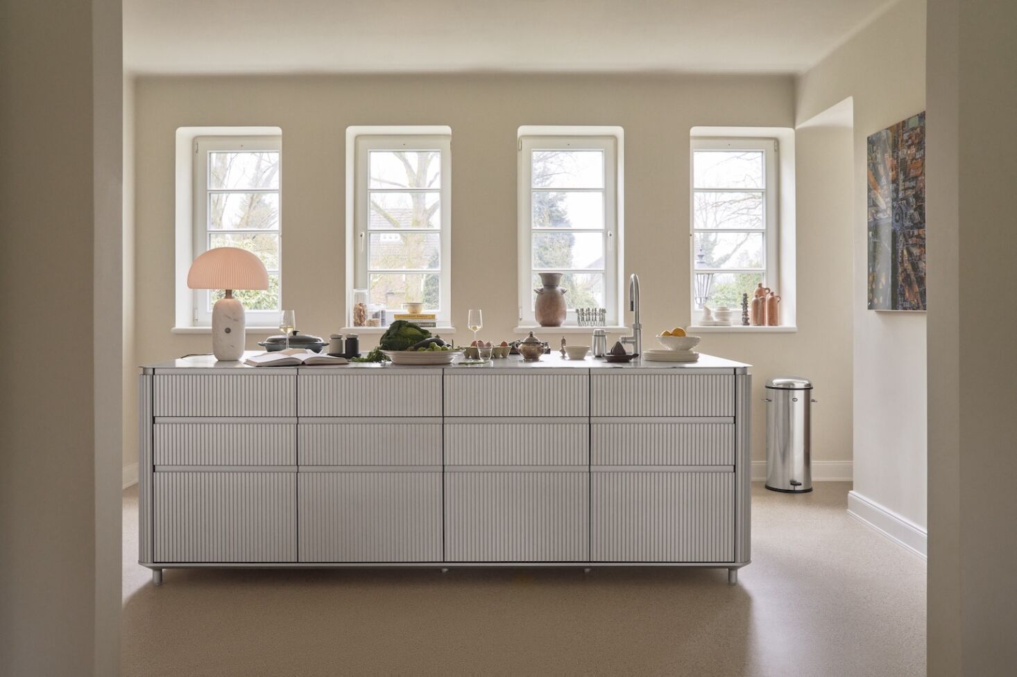 Vipp's V3 Kitchen Island of Anodized Aluminum and Reform's Inga Sempé Oak Cabinets